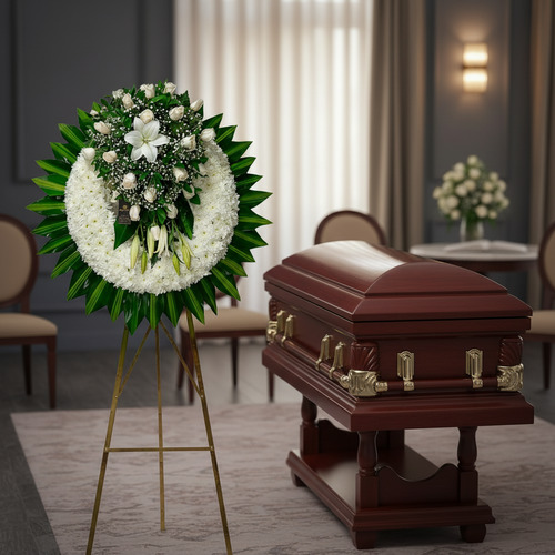 Corona Fúnebre Con Rosas y Lirios, Follajes verdes...